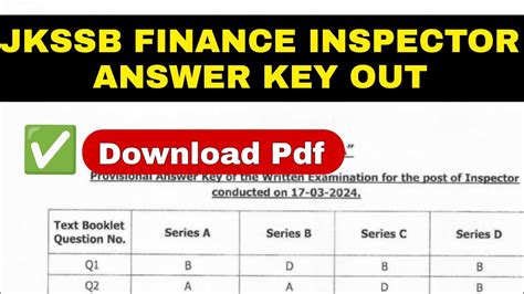 Jkssb Finance Inspector Answer Key Out Download Pdf Youtube