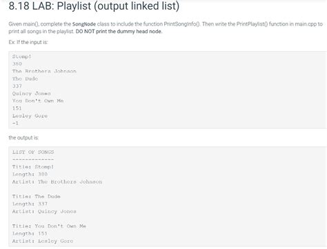Solved 8 18 LAB Playlist Output Linked List Given Main Chegg