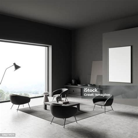 빈 포스터 안락의자 파노라마 창문이 있는 어두운 거실 인테리어 0명에 대한 스톡 사진 및 기타 이미지 0명 3차원 형태 가구 Istock