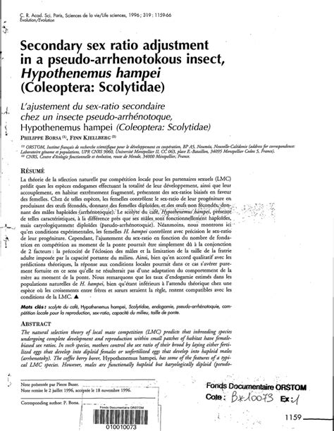 Pdf Secondary Sex Ratio Adjustment In A Pseudo Arrhenotokous Insect Hypothenemus Hampei
