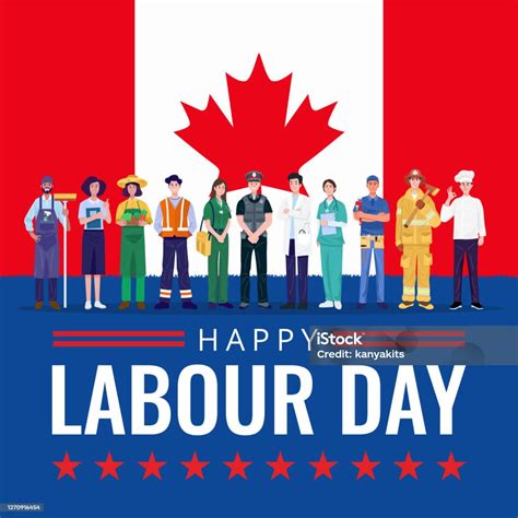해피 노동절 캐나다 국기와 함께 서 있는 다양한 직업 사람들 벡터 미국 노동절에 대한 스톡 벡터 아트 및 기타 이미지 미국 노동절 캐나다 소방관 Istock