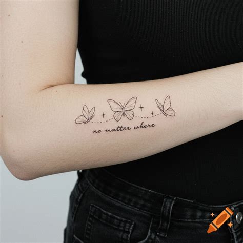 Minimalist Fine Line Butterfly Tattoo With No Matter Where Text On