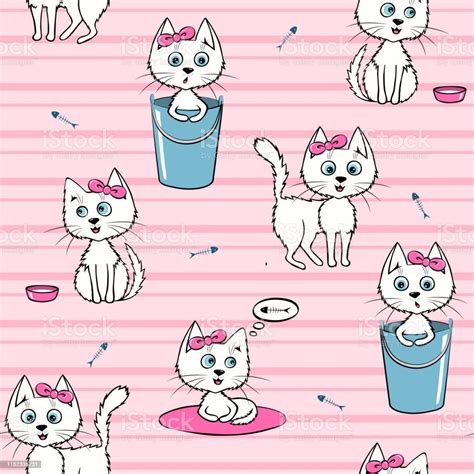 귀여운 흰 새끼 고양이와 완벽 한 패턴입니다 만화 스타일의 벡터 일러스트 레이 션 고양이 새끼에 대한 스톡 벡터 아트 및 기타 이미지 고양이 새끼 귀여운 나비매듭