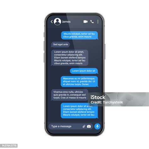 메시징 응용 프로그램과 현실적인 스마트 폰 Sms 텍스트 프레임 파란색 메시지 거품과 자리 표시자 텍스트가 있는 대화 채팅