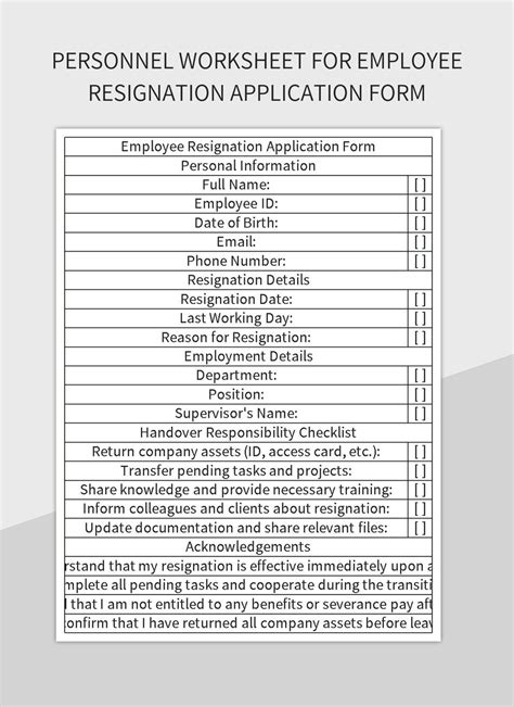 Personnel Worksheet For Employee Resignation Application Form Excel