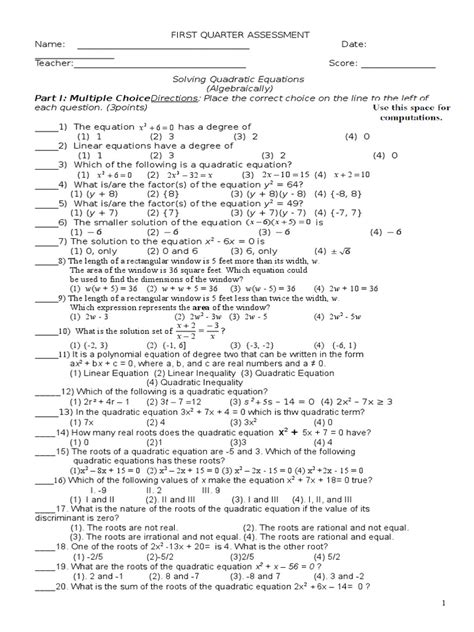 Quadratic Equations Practice Testdoc Quadratic Equation Equations
