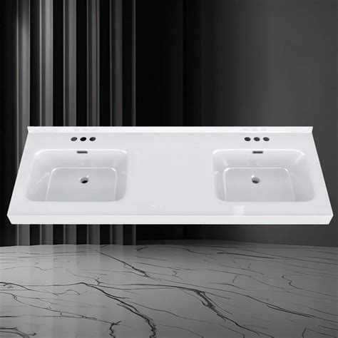 Ntq 61 In W X 22 In D Solid Surface White Vanity Top Rectangular Double Sink Bathroom Vanity
