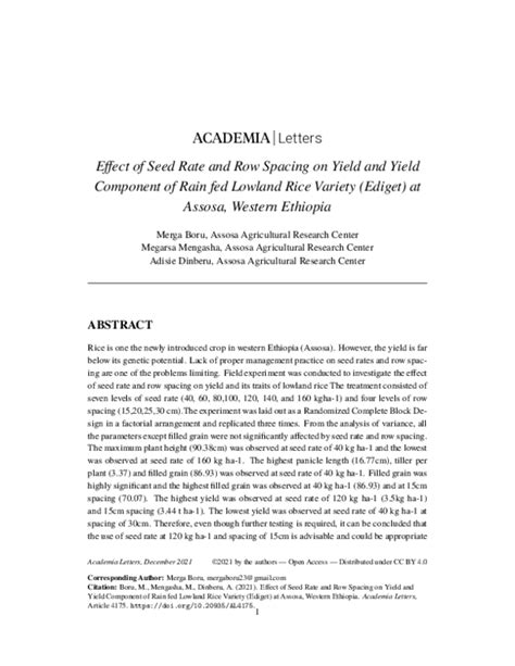 Pdf Effect Of Seed Rate And Row Spacing On Yield And Yield Component Of Rain Fed Lowland Rice