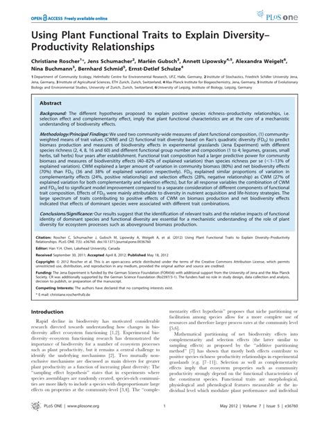 Pdf Using Plant Functional Traits To Explain Diversityproductivity