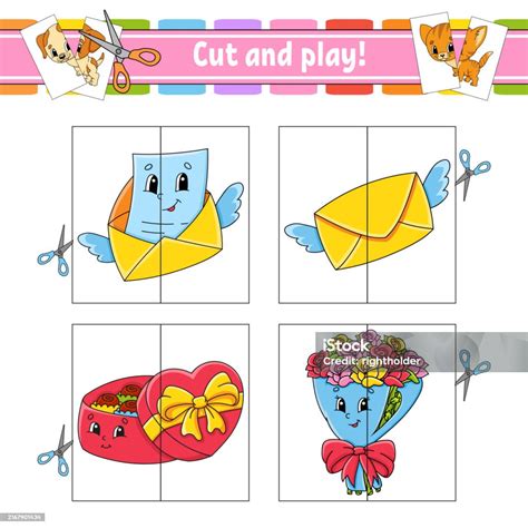 자르고 재생하세요 플래시 카드 컬러 퍼즐 교육 개발 워크시트 활동 페이지 어린이를 위한 게임 만화 재밌는 캐릭터 벡터 일러스트