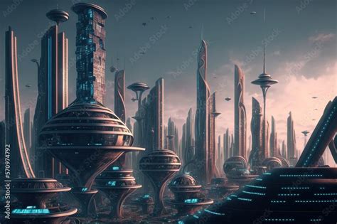 Skyline Of Futuristic City With Fictional Architecture In Panoramic View Megalopolis Landscape