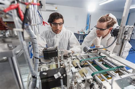 팀 유지 보수 작업자 안면 마스크 생산 기계 보호복을 입은 남성 엔지니어가 마스크의 품질을 검사하고 있다 기계 생산 제조 공장 25 29세에 대한 스톡 사진 및 기타 이미지