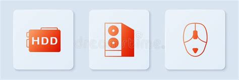 Set Case Of Computer Hard Disk Drive Hdd And Computer Mouse White Square Button Stock Vector