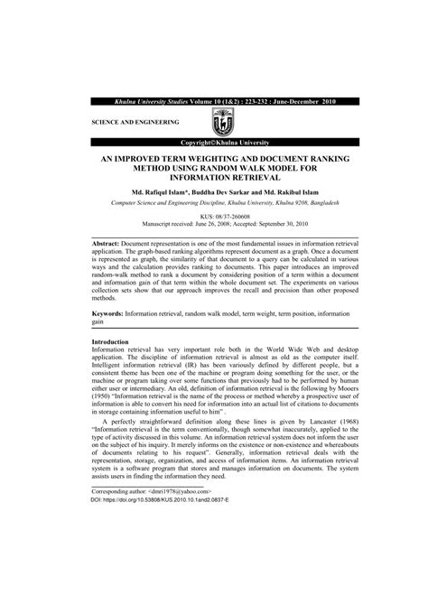 Pdf An Improved Term Weighting And Document Ranking Method Using