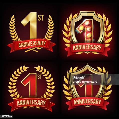 1 년 주년 기념 배너 설정된 벡터입니다 1 나이 기호 하나 첫 번째 축 하입니다 빛나는 골드 기호 번호 하나입니다 월계관입니다 파티 비즈니스 카드 엽서 전단에 대 한 선물