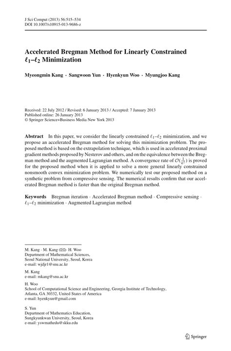 Pdf Accelerated Bregman Method For Linearly Constrained Ell 1 Ell 2 Minimization
