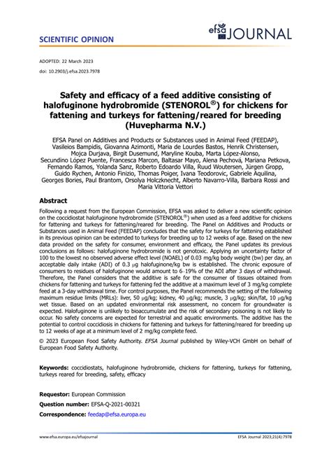 Pdf Safety And Efficacy Of A Feed Additive Consisting Of Halofuginone