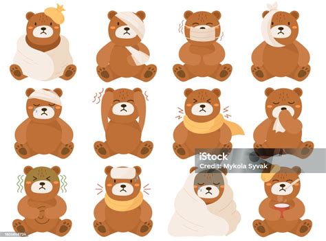 독감 감기 또는 바이러스 감염 질병 증상 격리 된 귀여운 작은 곰 세트 벡터 일러스트 레이 션 감기와 독감에 대한 스톡 벡터 아트 및 기타 이미지 Istock