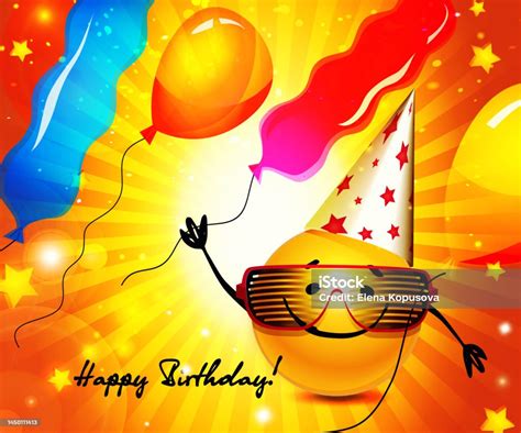 만화 스타일의 생일 축하 개념 밝은 추상적인 휴일 배경에 풍선이 있는 의인화된 이모티콘 창의적인 포스터 또는 배너 개념 기호에 대한 스톡 벡터 아트 및 기타 이미지 Istock