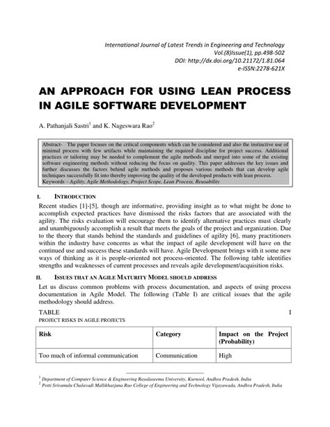 PDF AN APPROACH FOR USING LEAN PROCESS IN AGILE SOFTWARE DEVELOPMENT