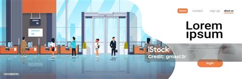 자기를 사용 하는 사람들이 클라이언트 기계 결제 터미널 윈도우 금융 개념 장비 현대 은행 사무실 인테리어 수평 복사 공간 뱅킹 서비스 Bank Branch에 대한 스톡 벡터