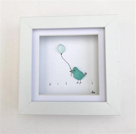 Sea Glass Pebble Bird With Balloon Framed Wall Art Unique Handmade T For Newborn Teal Home