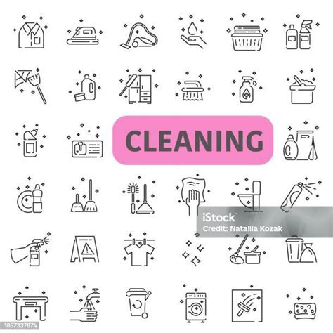 청소 회사 기호 아이콘입니다 청소 테마에 선형 아이콘의 벡터 집합입니다 청소 아이콘 가사 집안일에 대한 스톡 벡터 아트 및 기타 이미지 가사 집안일 개념 고무 장갑
