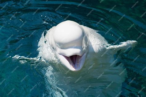 Un Delfín Blanco Aislado Beluga Mirándote En El Mar Azul Profundo
