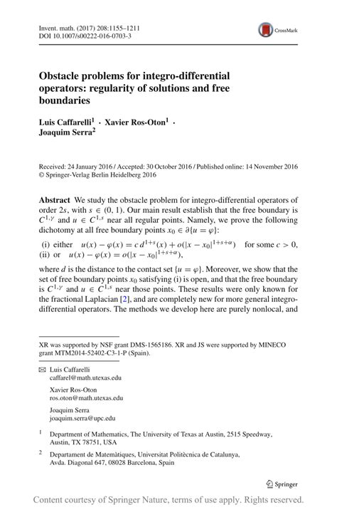 Obstacle Problems For Integro Differential Operators Regularity Of Solutions And Free