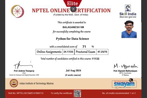 Python Datascience Nptel Achievement Learning Balaganesh Murugan