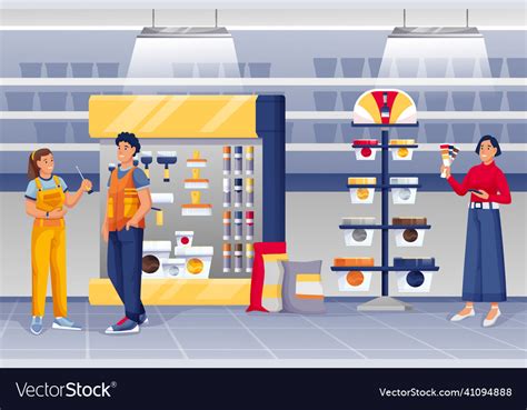 People Shopping In Hardware Shop Woman Assistant Vector Image