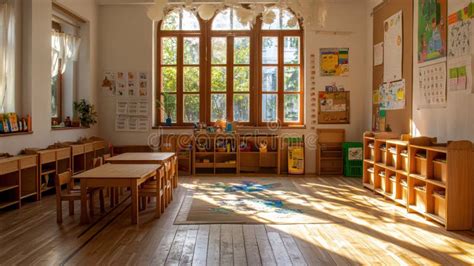 A Classroom With A Lot Of Wooden Tables And Chairs Stock Illustration Illustration Of Board