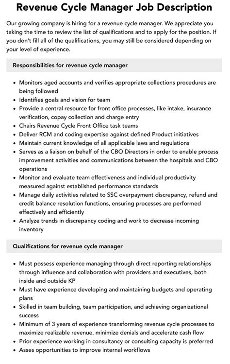 Revenue Cycle Manager Job Description Velvet Jobs