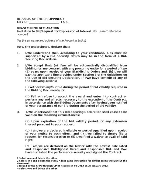 Bid Securing Declaration Sample Form Affidavit Notary Public