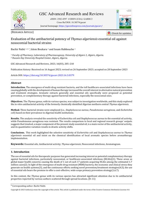 Pdf Evaluation Of The Antibacterial Potency Of Thymus Algeriensis Essential Oil Against