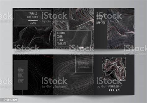 검은색 최소 벡터 일러스트 레이아웃입니다 최신 크리에이티브는 삼중 사각형 브로셔 또는 전단지를 위한 디자인 템플릿을 다룹니다 3d 그리드 표면 파급 효과와 물결 모양벡터