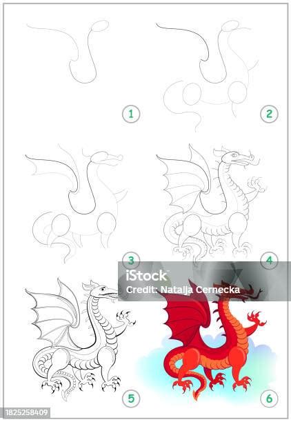 동화의 나라에서 귀여운 레드 드래곤을 단계별로 그리는 방법을 보여주는 페이지입니다 아이들의 그림 그리기와 색칠 기술 개발 어린이 학교 연습장을 위한 인쇄 가능한 워크시트