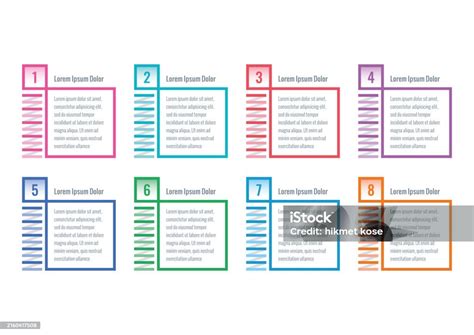 비즈니스 인터넷 잡지 연례 보고서 교육 정보 템플릿입니다 다채로운 사각형 인포 그래픽 템플릿입니다 여덟 단계 인포그래픽 템플릿 6에 대한 스톡 벡터 아트 및 기타 이미지