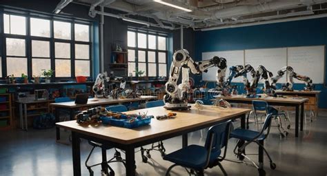 Robotics Lab With Multiple Robotic Arms On Tables In A Classroom
