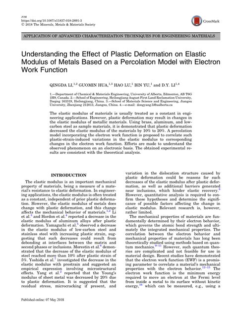PDF Understanding The Effect Of Plastic Deformation On Elastic Modulus Of Metals Based On A