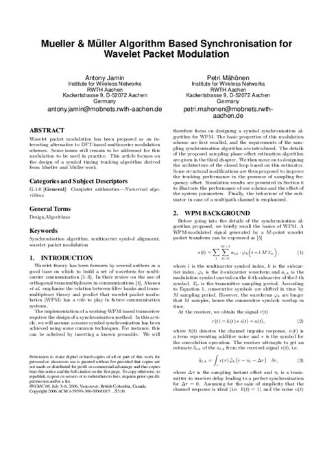 Pdf Mueller And Müller Algorithm Based Synchronisation For Wavelet Packet Modulation