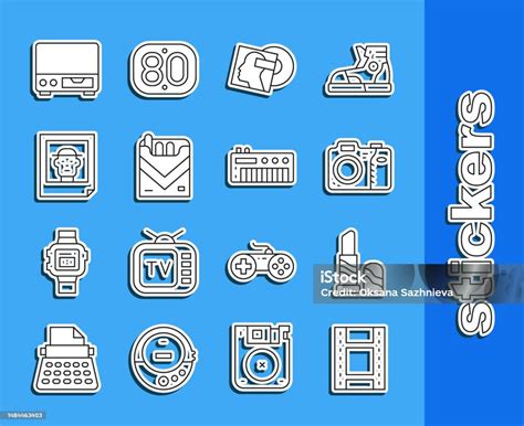 세트 라인 재생 비디오 립스틱 사진 카메라 비닐 디스크 담배 팩 상자 오래된 비디오 카세트 플레이어 및 음악 신디사이저 아이콘