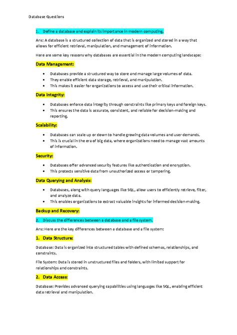 Database 45questions 1 Define A Database And Explain Its Importance