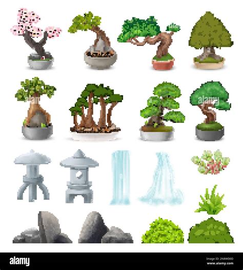 Realistic Japanese Bonsai Tree Icons Set With Natural Stone Garden Elements Isolated Vector
