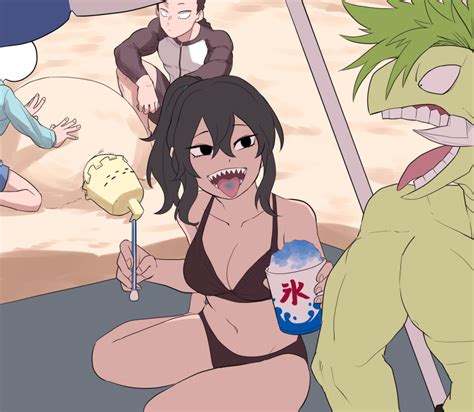 Rule 34 1girls Beach Bikini Black Bikini Black Eyes Blue Tongue Class 1b Dark Hair Eating