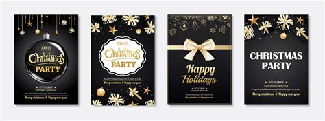 메리 크리스마스 인사말 카드와 검은 배경에 파티 초대장 새 해 복 많이 받으세요 플라이어 브로셔 디자인 벡터 일러스트 레이 션 요소입니다 0명에 대한 스톡 벡터 아트 및