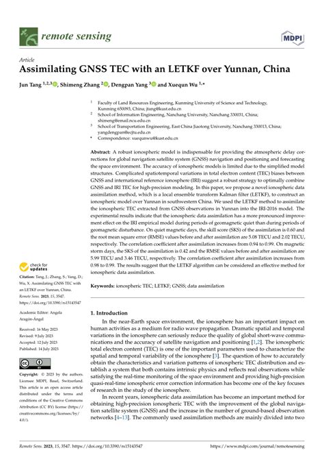 Pdf Assimilating Gnss Tec With An Letkf Over Yunnan China