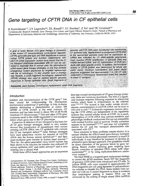 Pdf Gene Targeting Of Cftr Dna In Cf Epithelial Cells