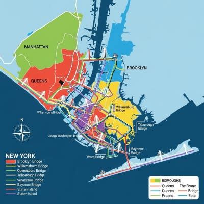 Colorful Map Of New York City Depicting Boroughs And Bridges Manhattan