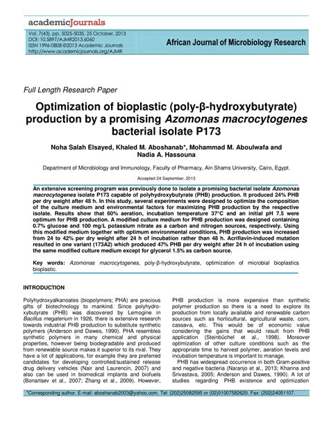 Pdf Optimization Of Bioplastic Poly β Hydroxybutyrate Production By A Promising Azomonas
